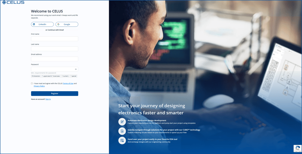 Getting Started with the CELUS Design Platform: Sign-Up and Login